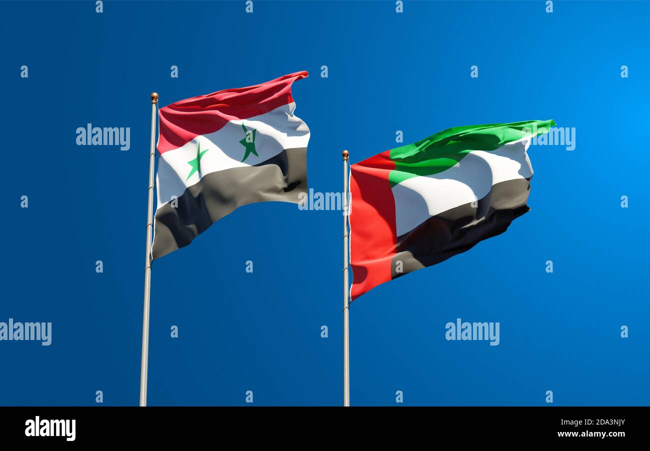 Beautiful national state flags of Syria and UAE United Arab Emirates ...