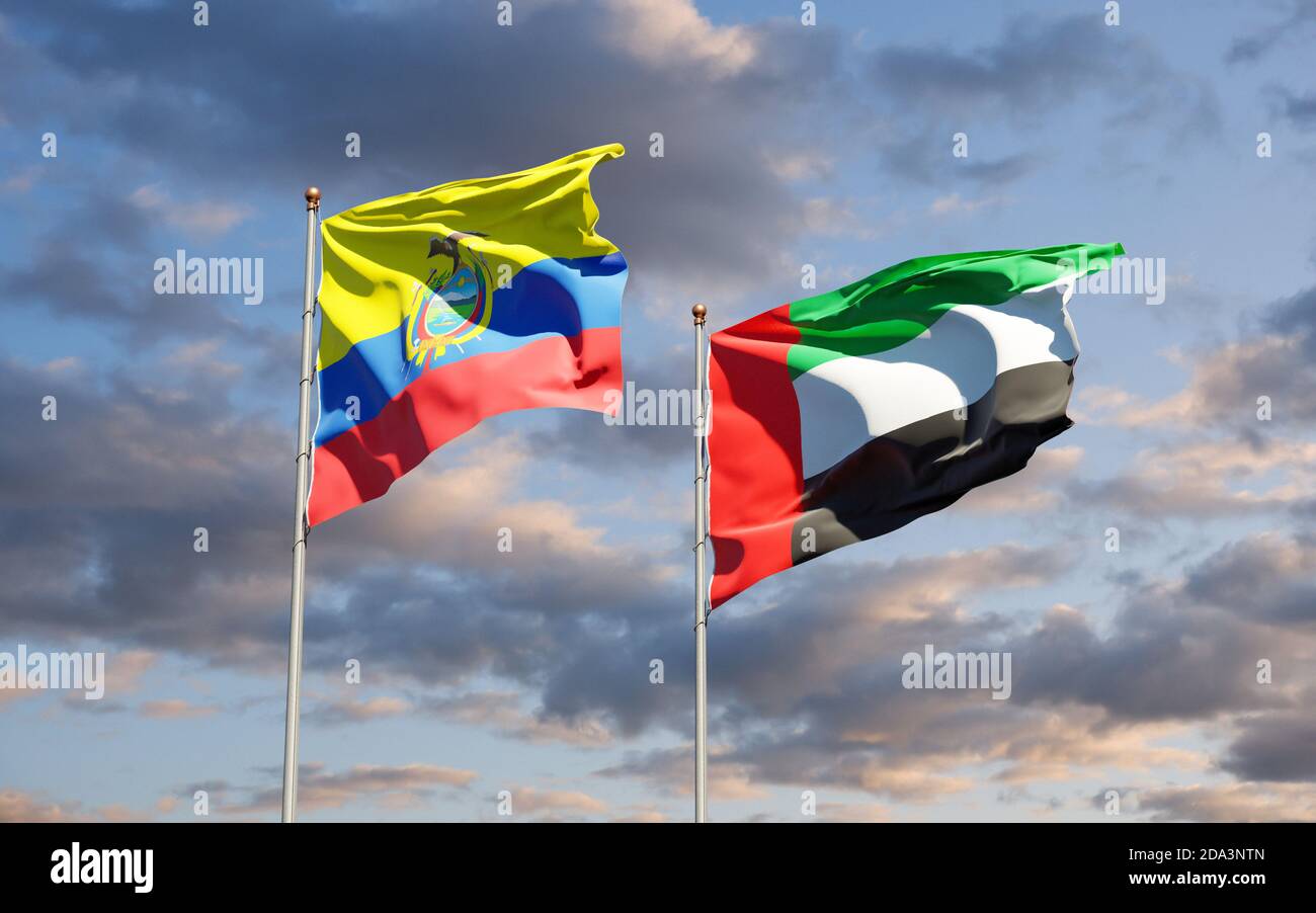 Beautiful national state flags of Ecuador and UAE United Arab Emirates ...