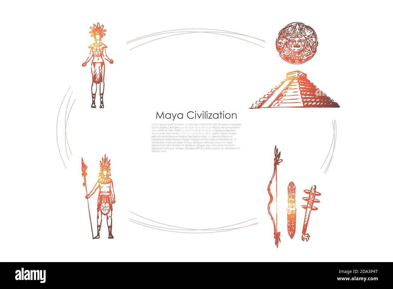 Maya civilization - Maya people, tools and pyramid vector concept set ...