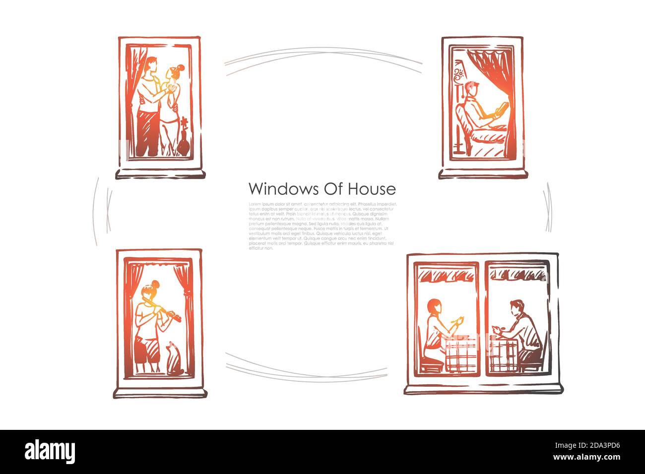 Windows of house - people dancing, reading, playing music, eating in ...