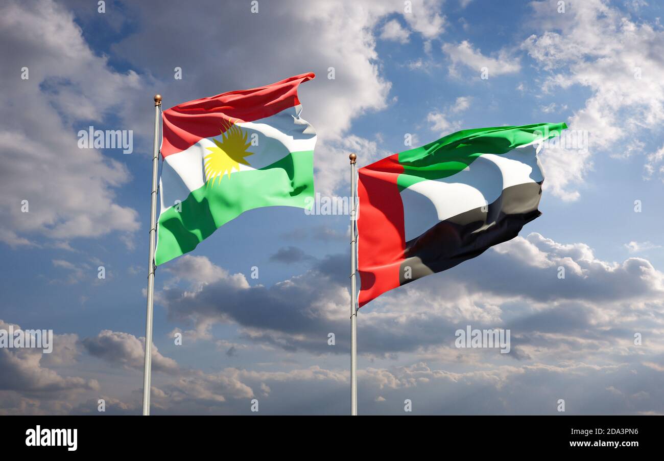 Beautiful national state flags of Kurdistan and UAE United Arab ...