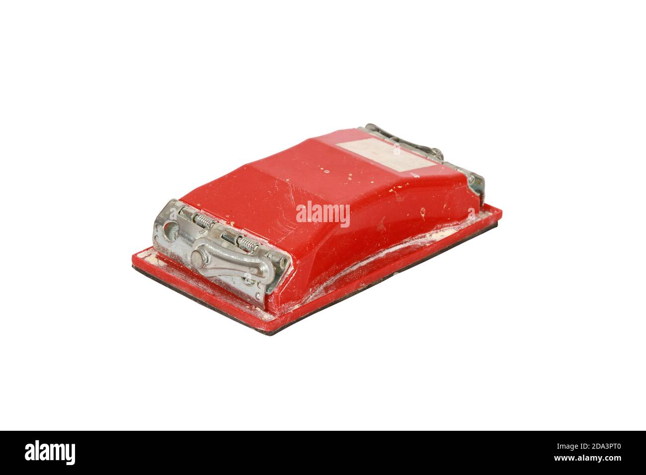 Closeup high angle shot of an old sandpaper holder on an isolated white ...