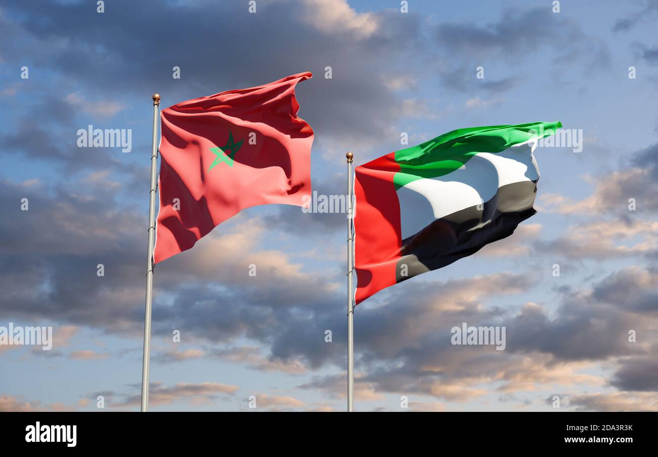 Beautiful national state flags of Morocco and UAE United Arab Emirates ...