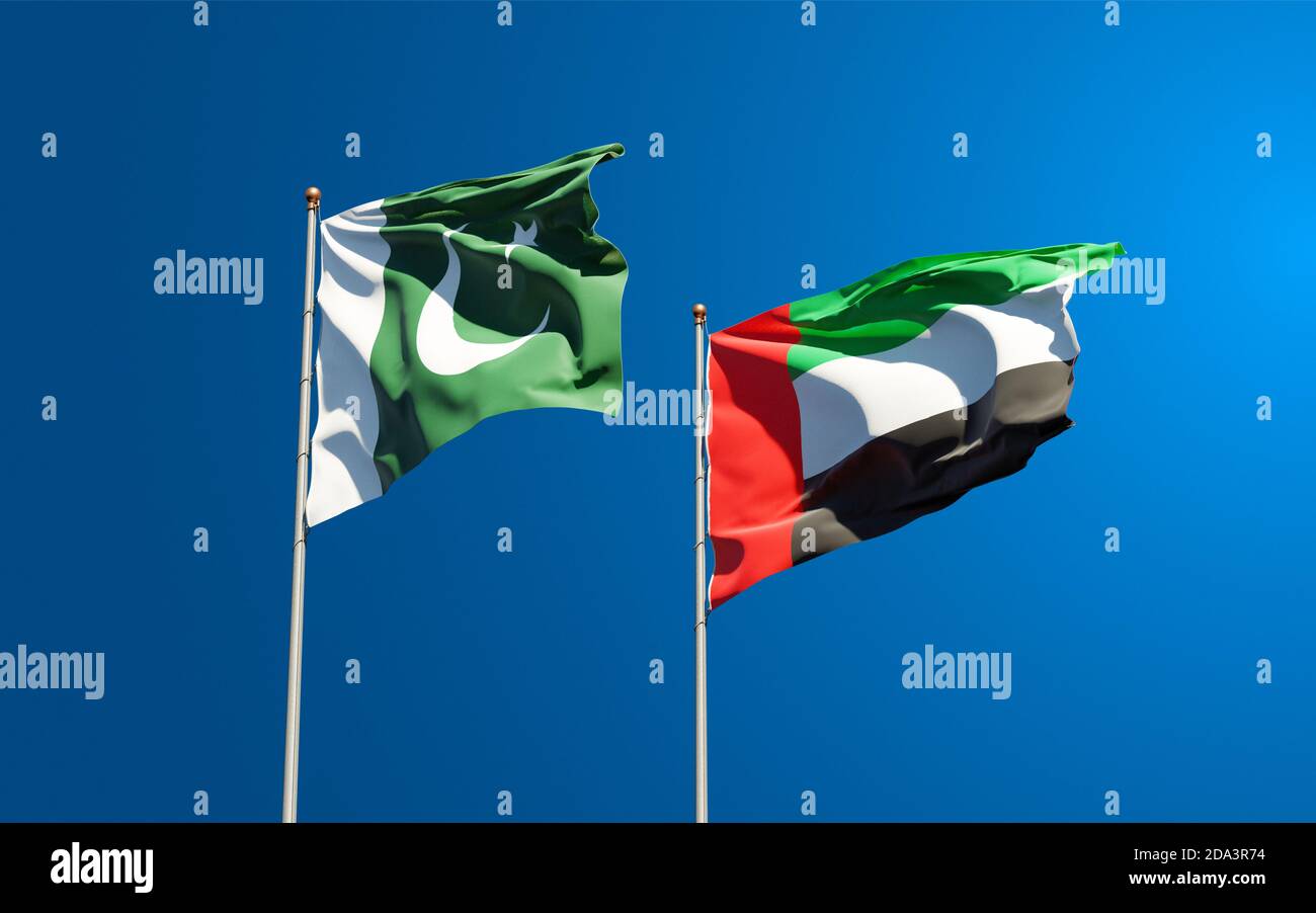 Beautiful national state flags of Pakistan and UAE United Arab Emirates ...