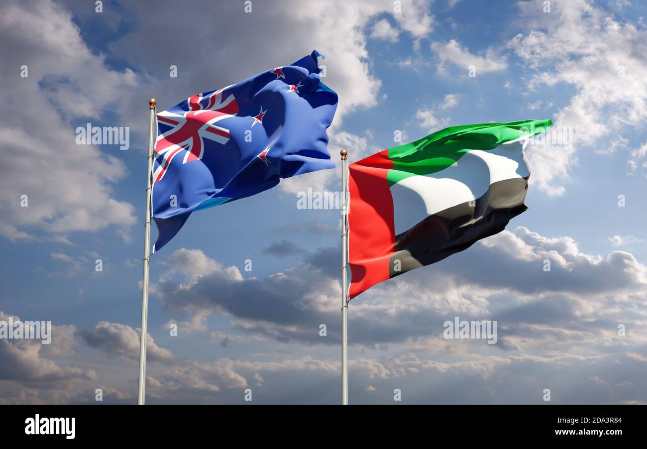 Beautiful national state flags of New Zealand and UAE United Arab ...