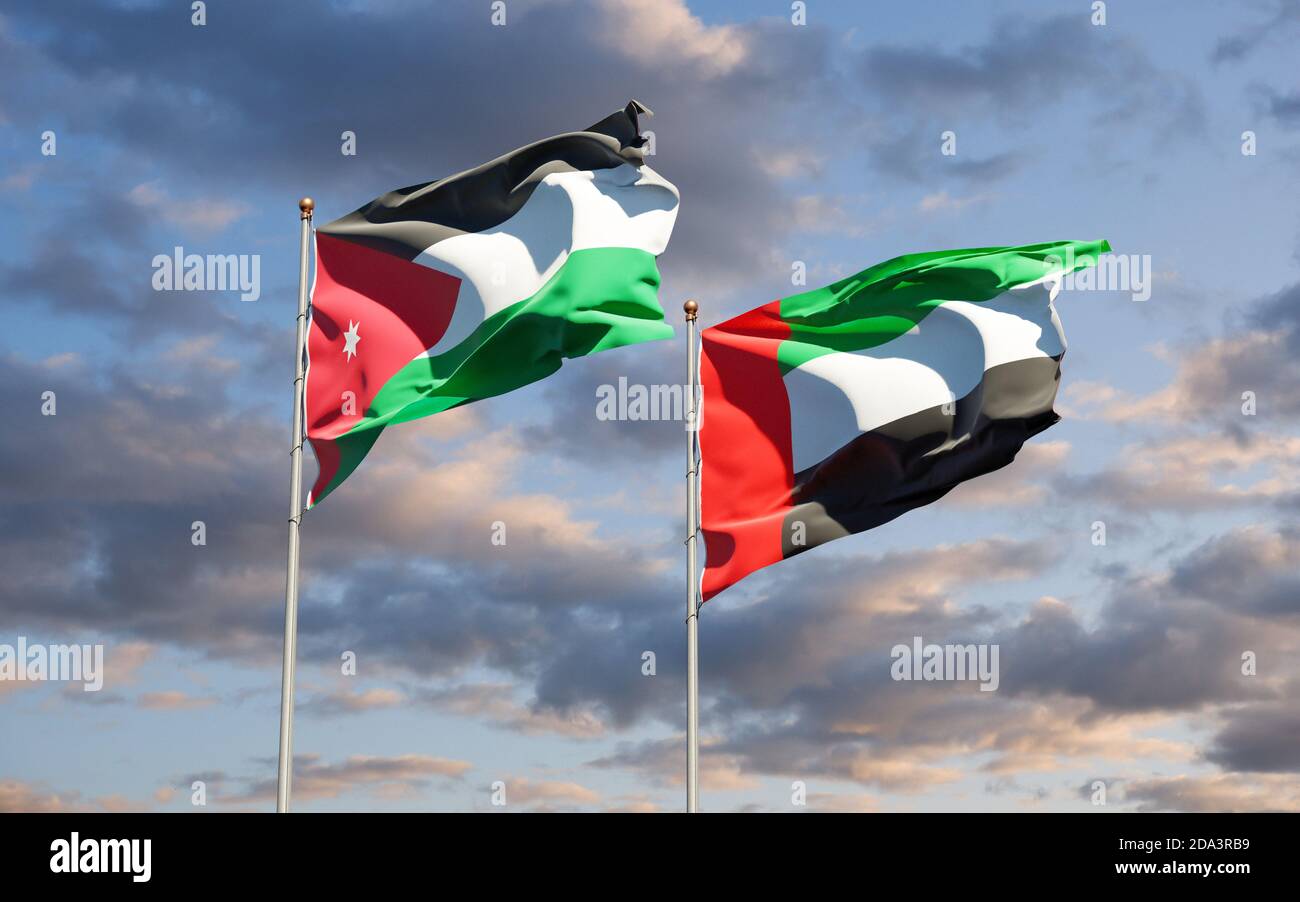 Beautiful national state flags of Jordan and UAE United Arab Emirates ...