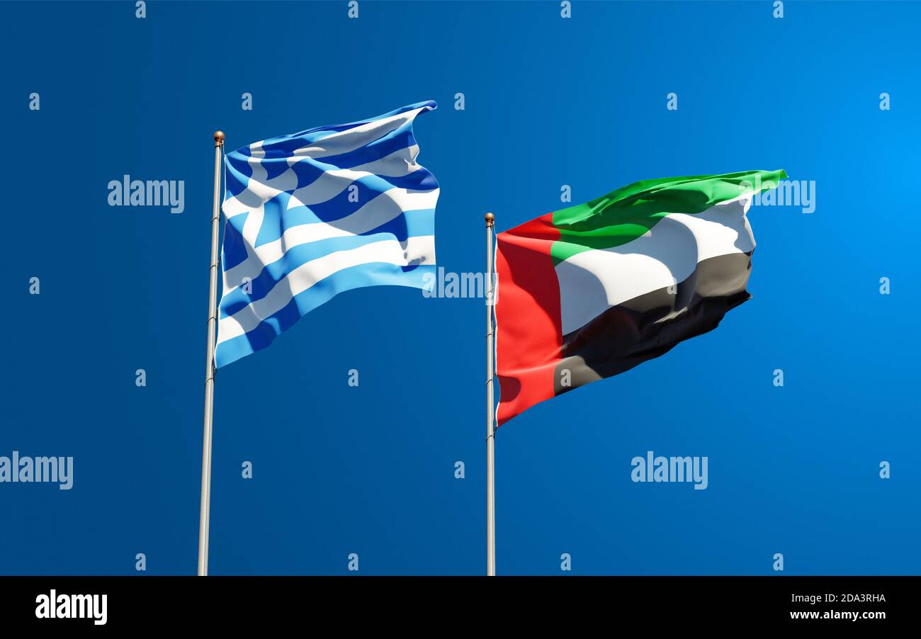 Beautiful national state flags of Greece and UAE United Arab Emirates ...