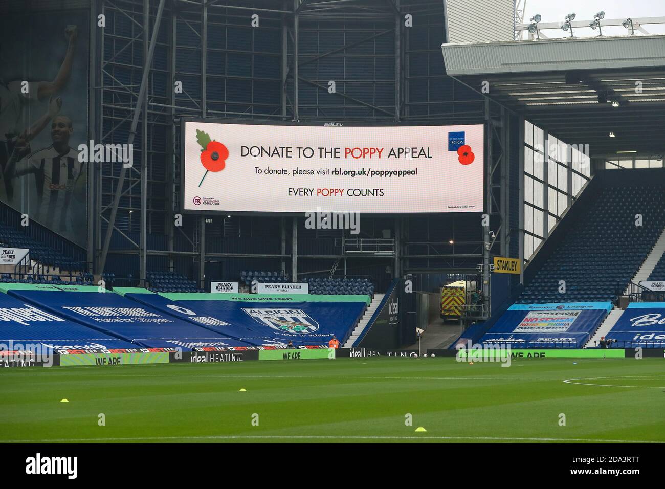 A poppy appeal donations sign is on display at The Hawthorns Stock ...