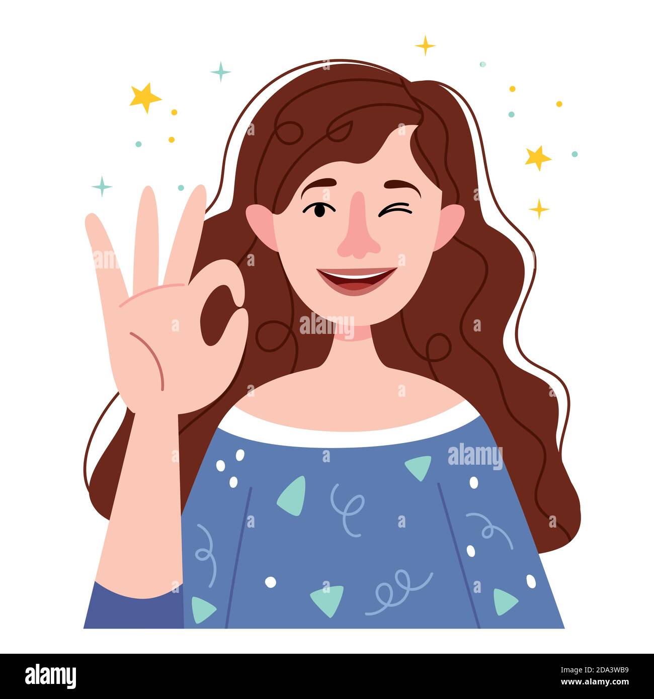 The girl shows okay sign and winks .Good job.Approve hand symbol ...