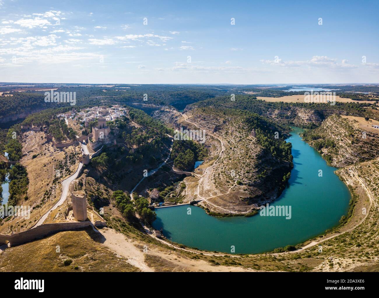 Aerial view of the famous fortified medieval town of Alarcon in Cuenca ...