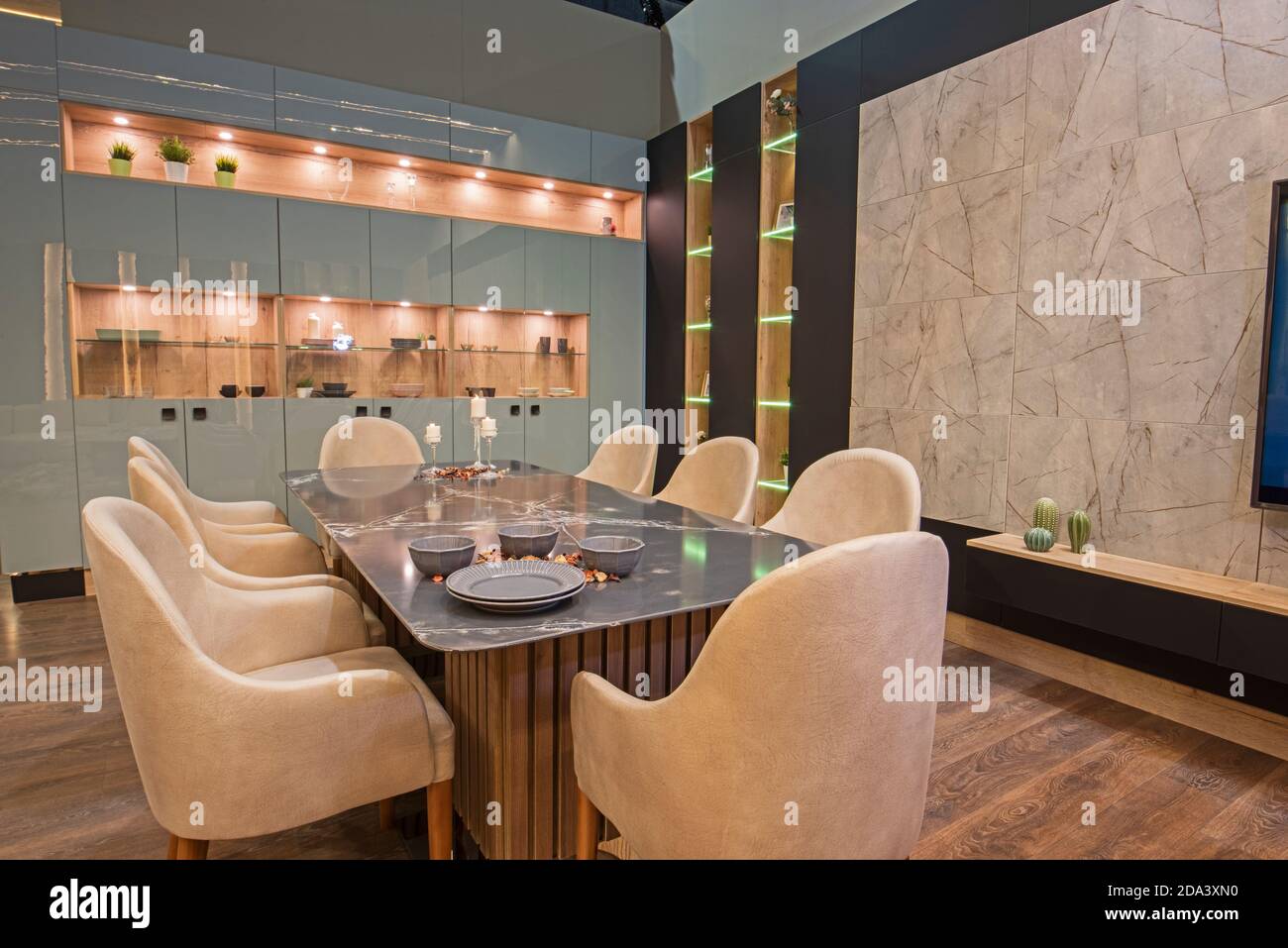 Dining room area in luxury apartment show home showing interior design ...