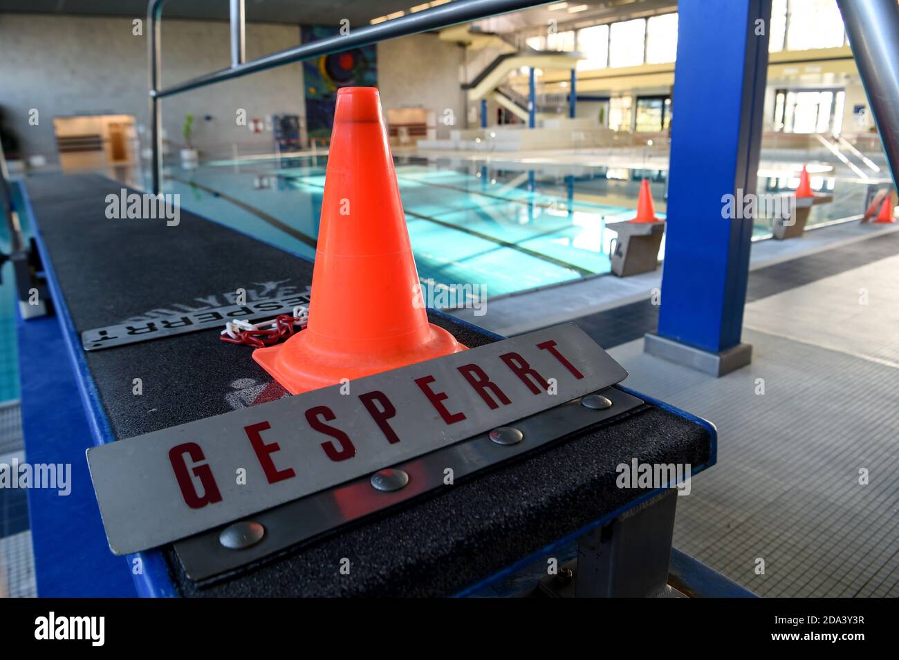 Berlin, Germany. 05th Nov, 2020. A diving board with warning cones and ...