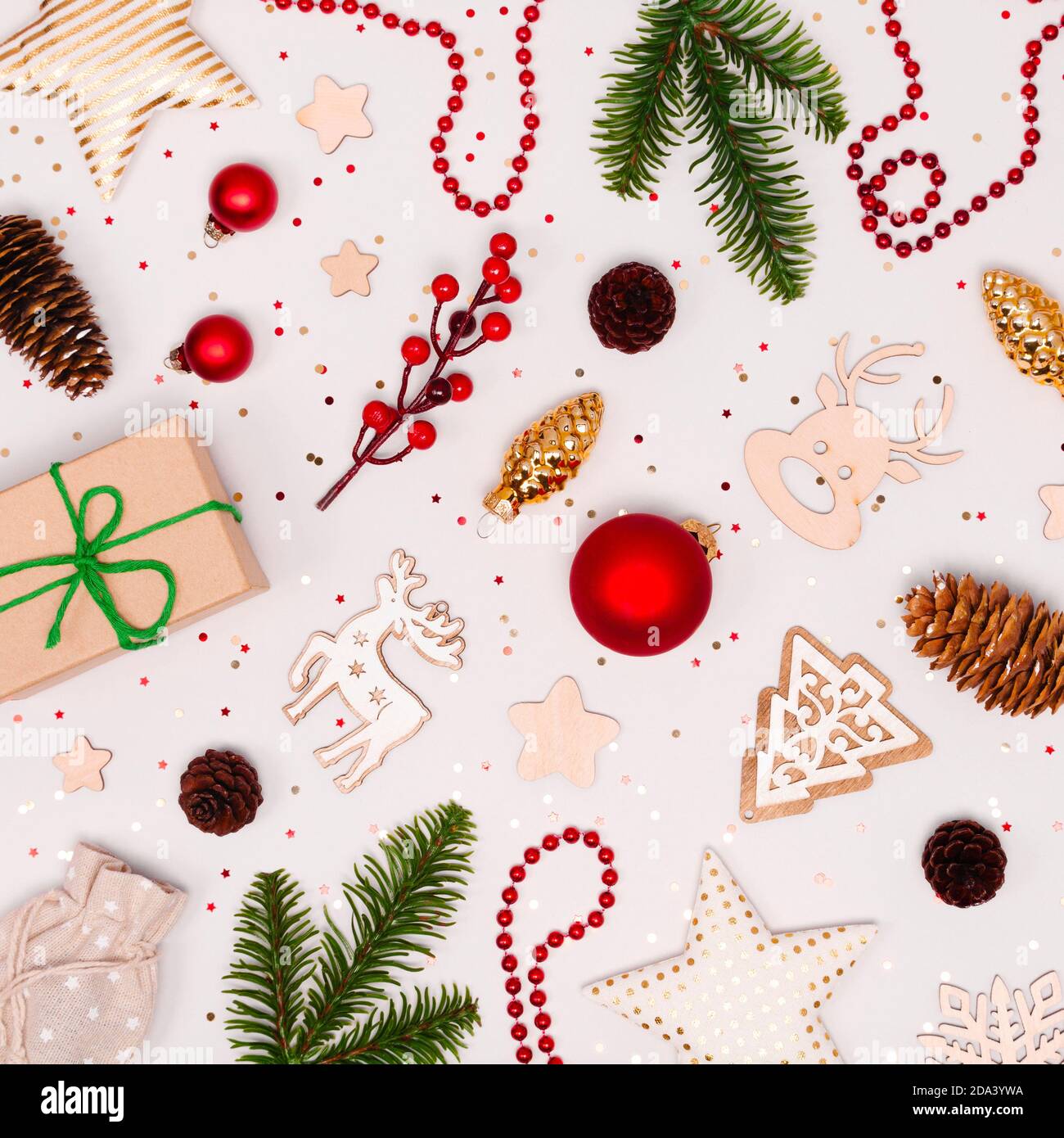 Beautiful Christmas background. Gifts in craft paper, glass, textile ...