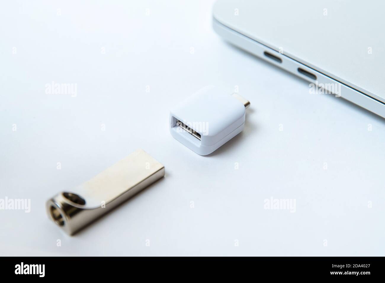 close up. laptop and open flash card on a white background. type-c ...