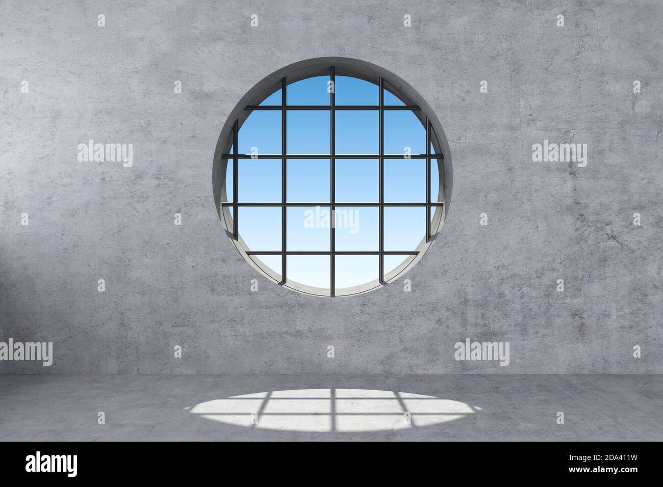 round window with grating in concrete wall front view. 3d rendering ...