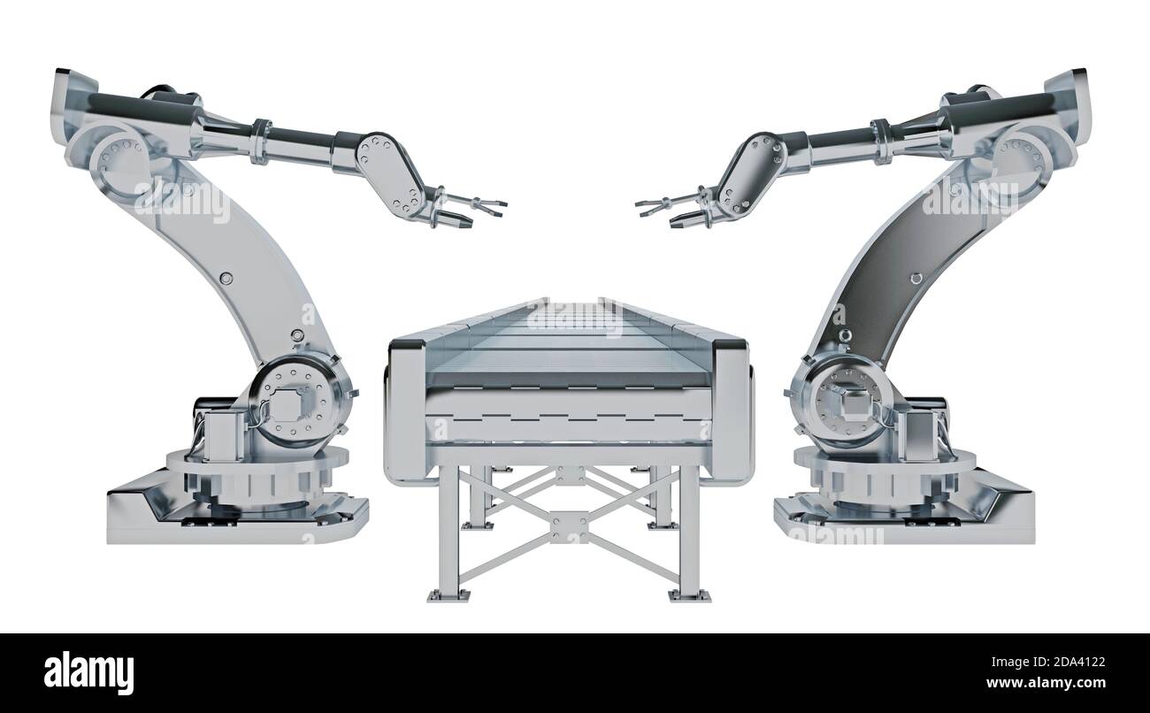 row of robotic arms with conveyor belt isolated on white. 3d rendering ...
