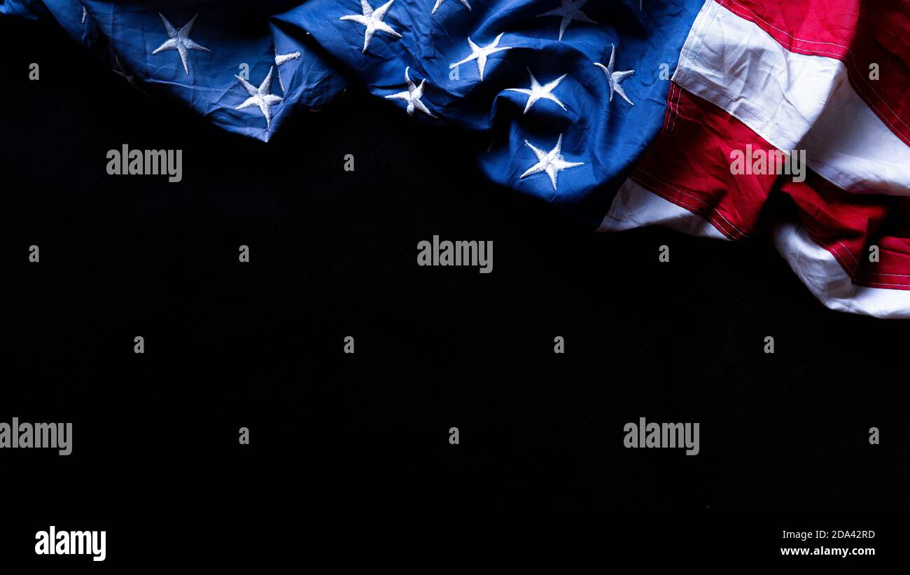 US American flag against black background. For Memorial, Presidents ...