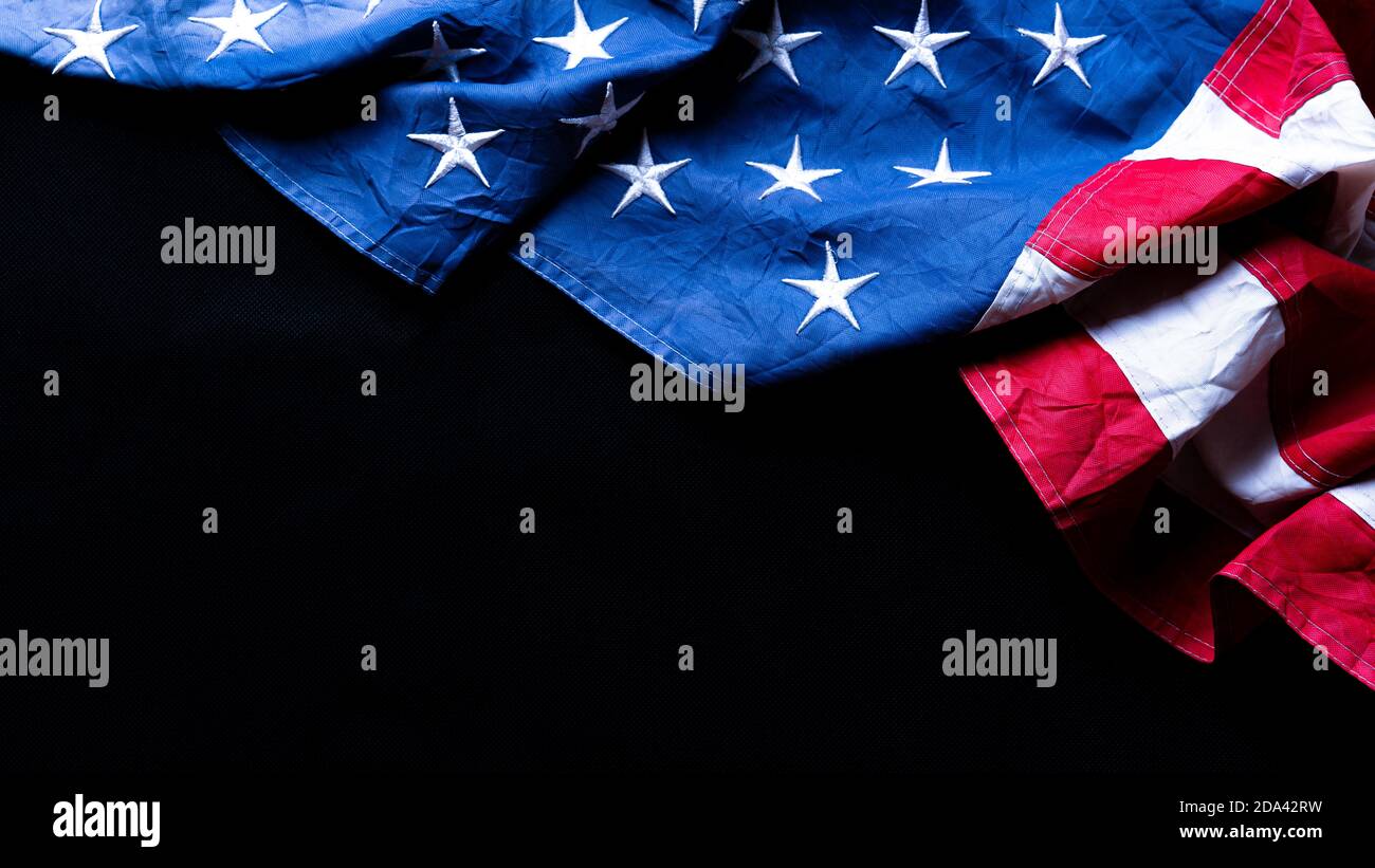 US American flag against black background. For Memorial, Presidents ...