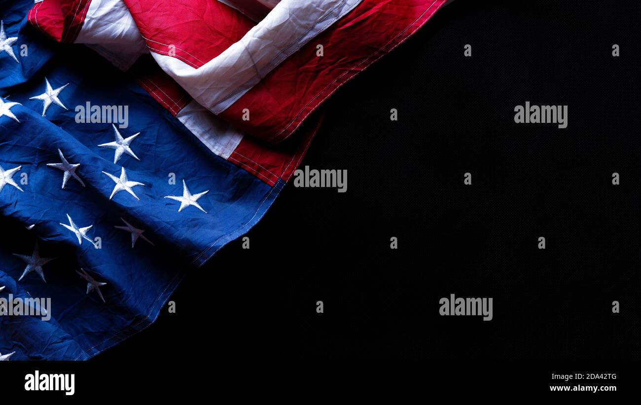 US American flag against black background. For Memorial, Presidents ...