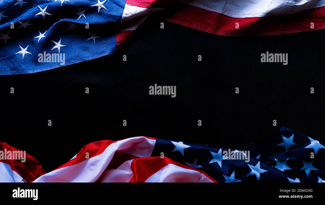 US American flag against black background. For Memorial, Presidents ...
