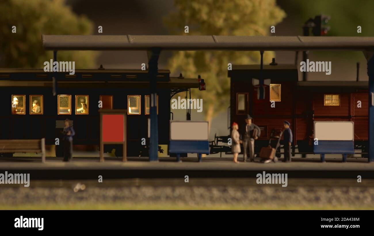 Miniature model of retro railway station Stock Photo - Alamy