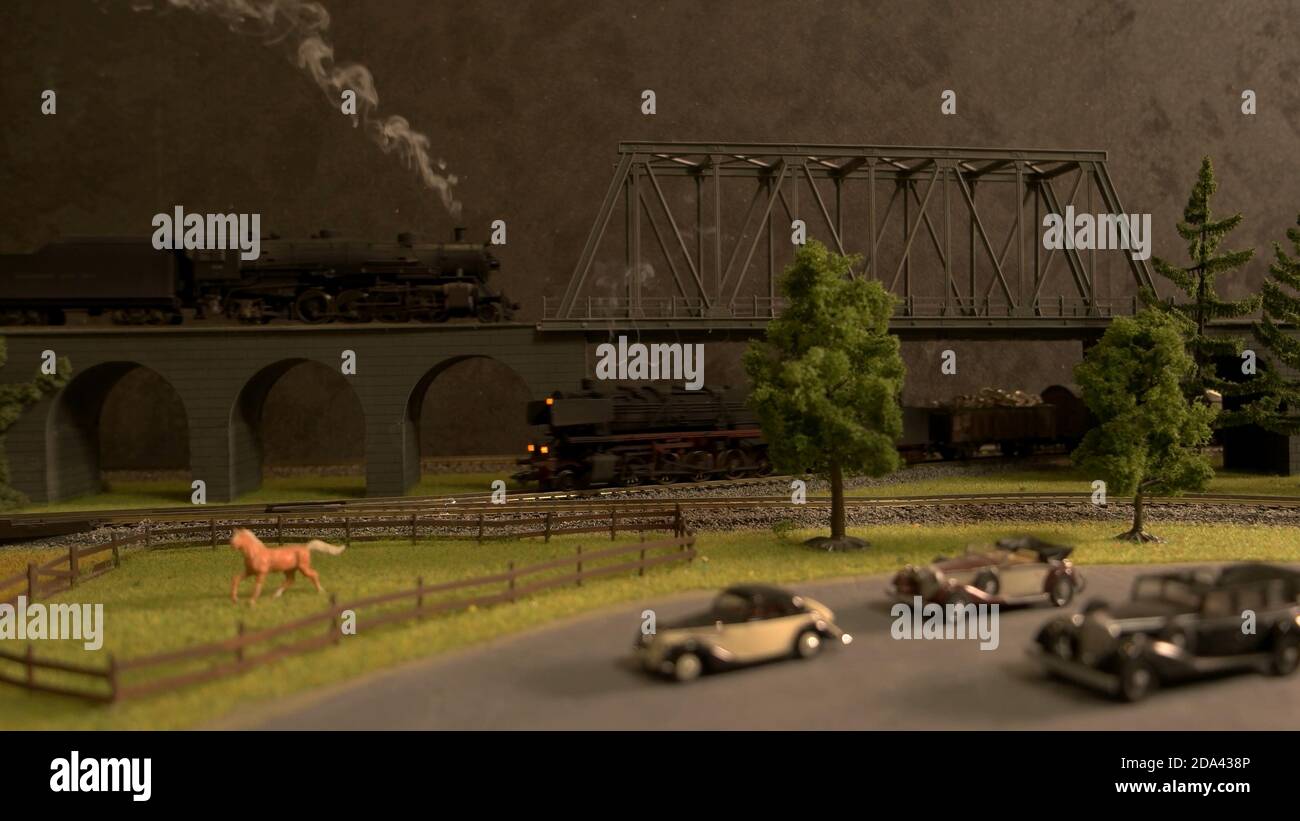 Retro miniature railway road and countryside Stock Photo - Alamy