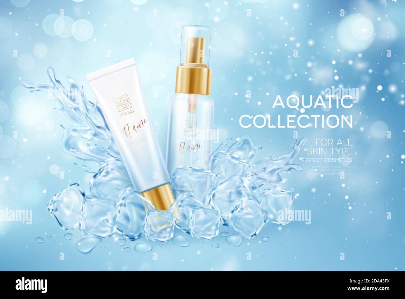 Bottles of cosmetics in icy transparent clear cubes in water crown ...