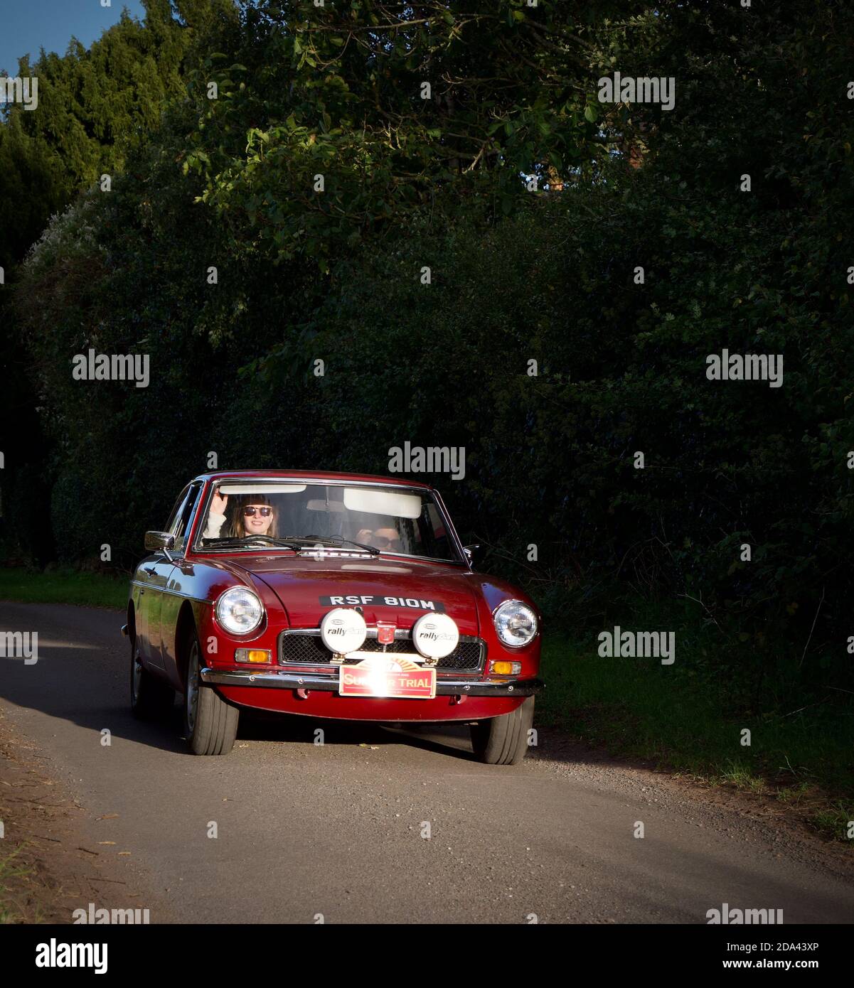 Rally Driving into the evening sun in a red MGB GT Stock Photo - Alamy