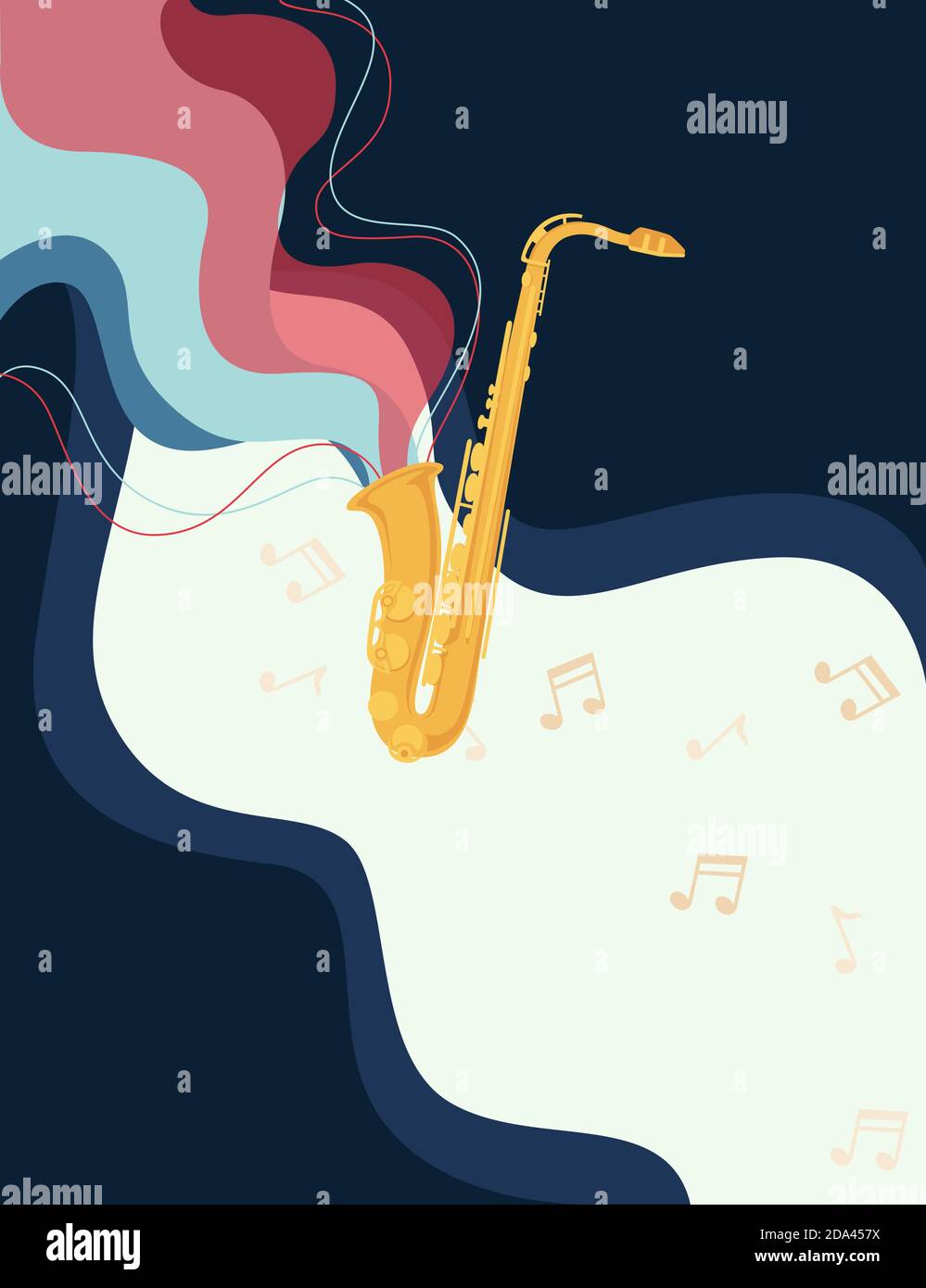 Saxophone musical instrument with flowing musical notes flat vector ...