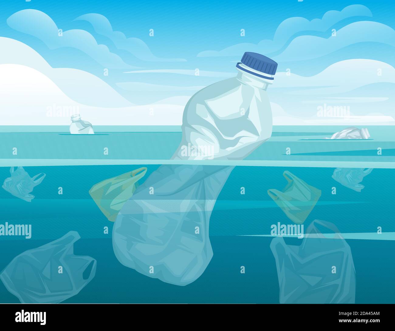 Crumpled plastic bottle and plastic bags in water ecology disaster ...