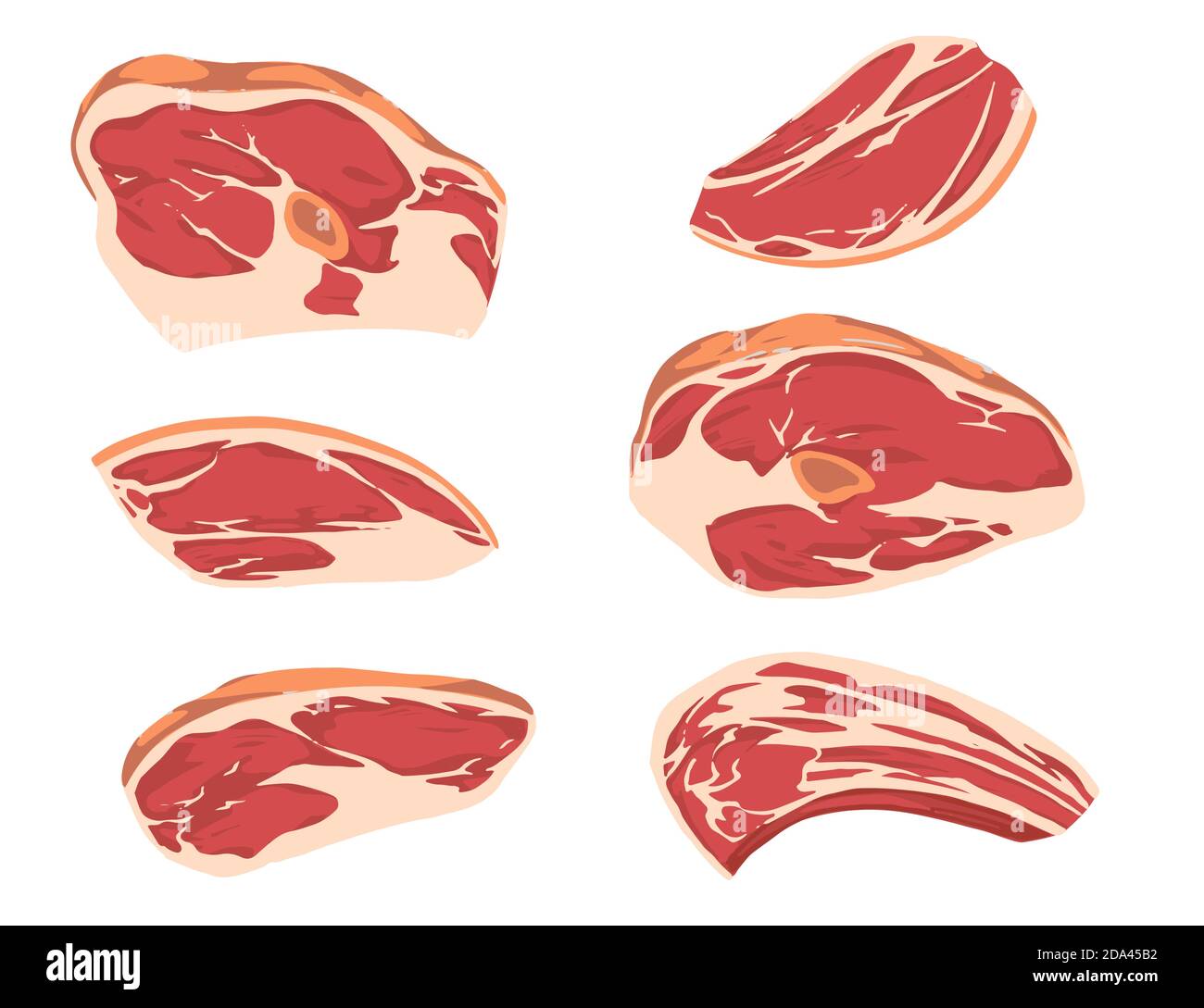 Set of raw sliced meat steak fresh meat for bbq flat vector ...