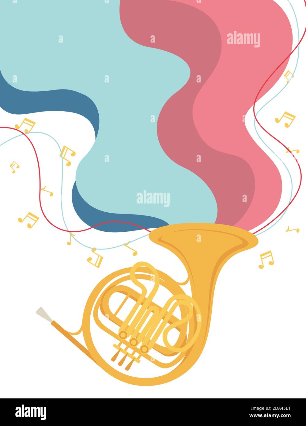 Classical French horn musical instrument with flowing musical notes ...