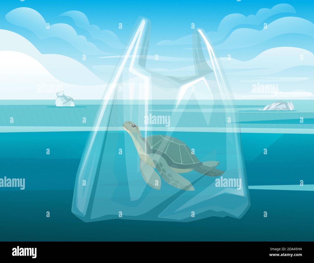 Turtle in plastic bag abstract illustration pollution problem flat ...
