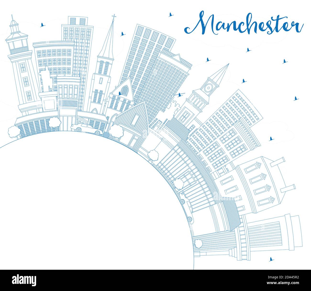 Outline Manchester New Hampshire City Skyline with Blue Buildings and ...