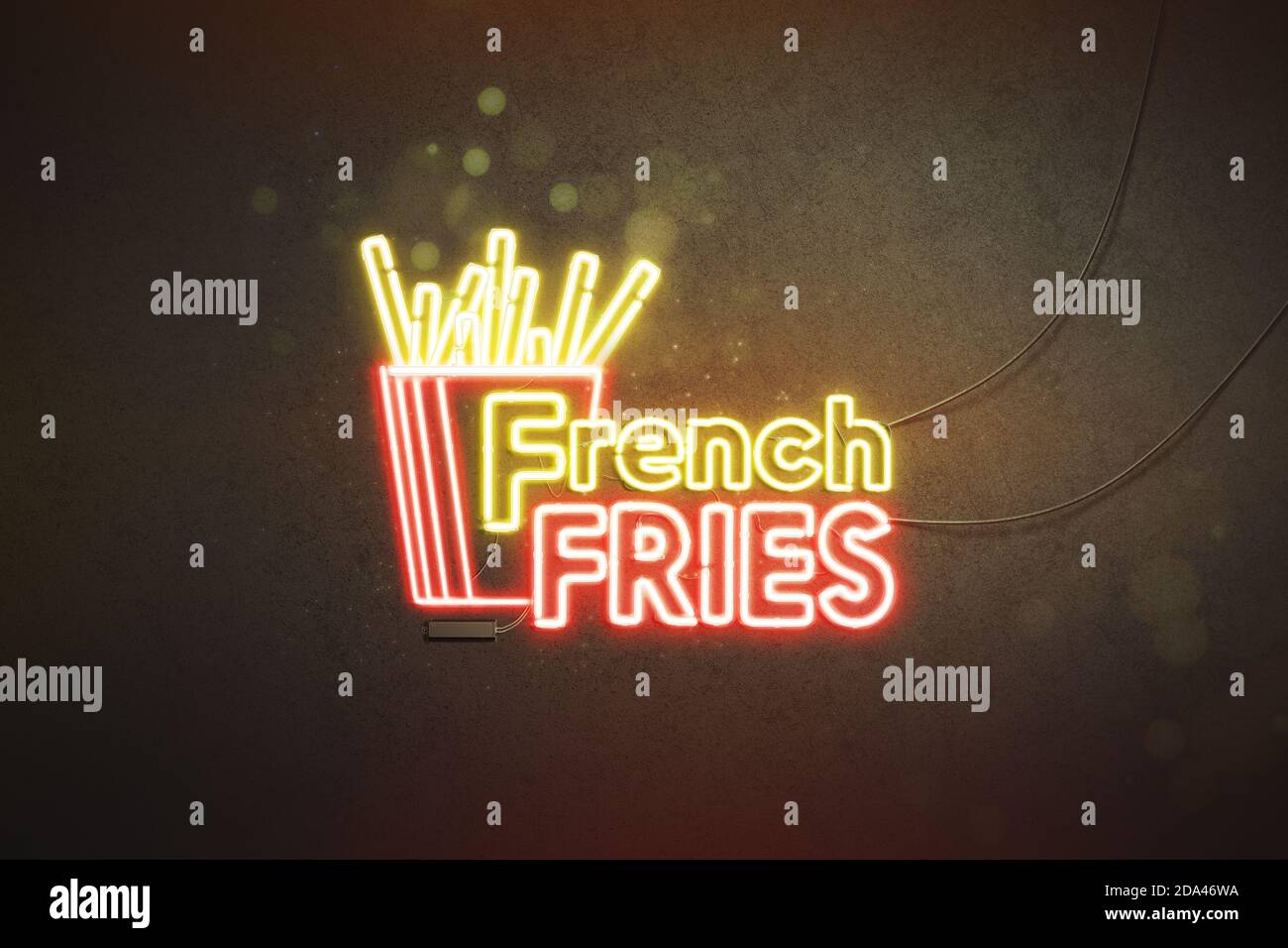 Neon french fries sign dark concrete wall, luminous font mockup Stock ...