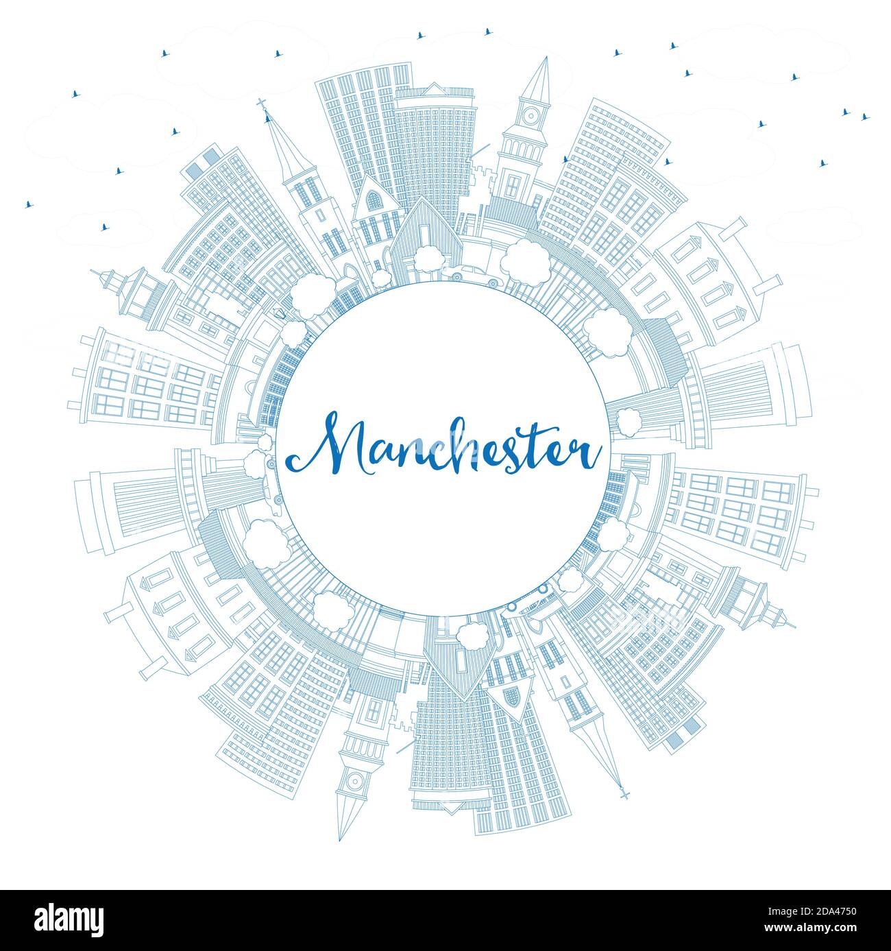 Outline Manchester New Hampshire City Skyline with Blue Buildings and ...