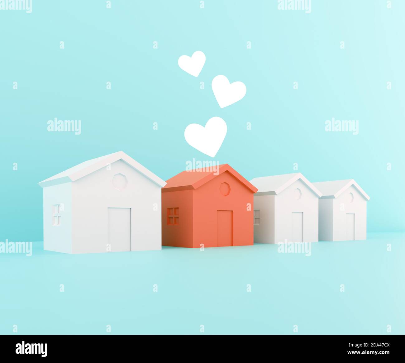 red house with hearts over roofs, beloved family home concept, native ...