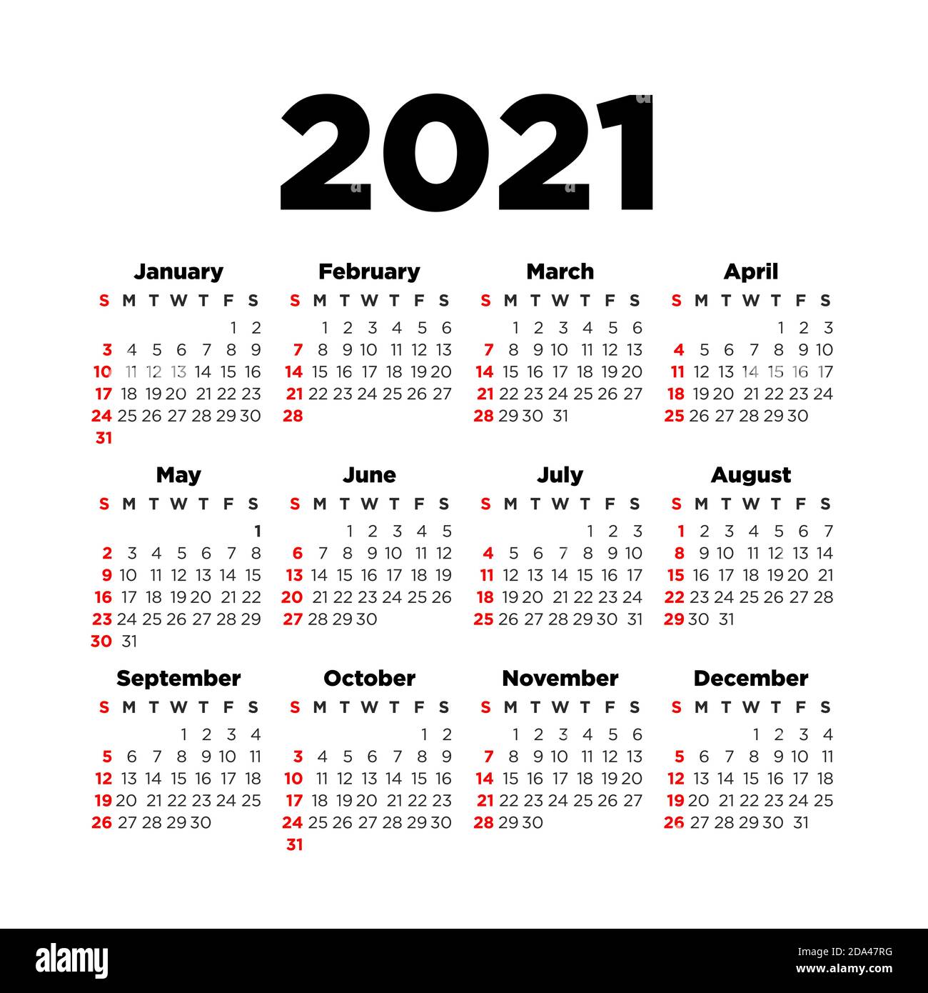 2021 Calendar template. Week starts on Sunday. Illustration, vector ...