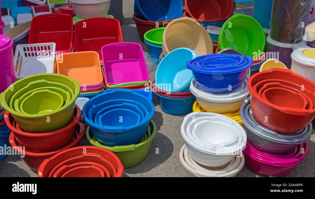 Many Various Colourful Plastic Bowls and Buckets Stock Photo - Alamy