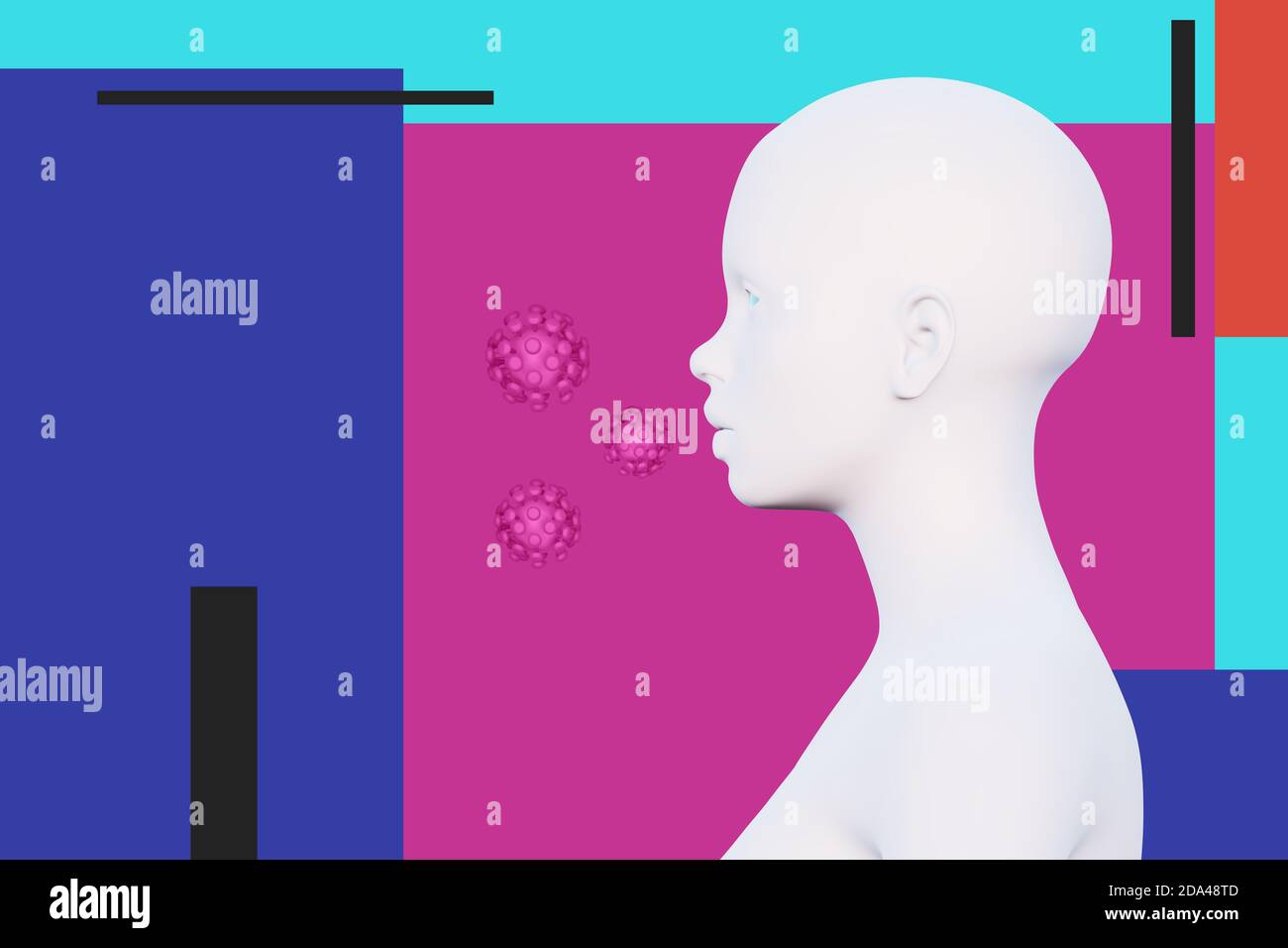 minimal female head and virus cells, cough, side view, spread virus ...