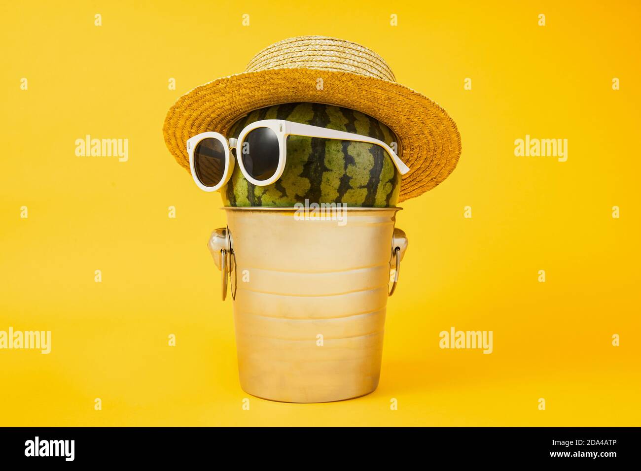 Cool image of watermelon in a bucket with sunglasses and hat isolated ...
