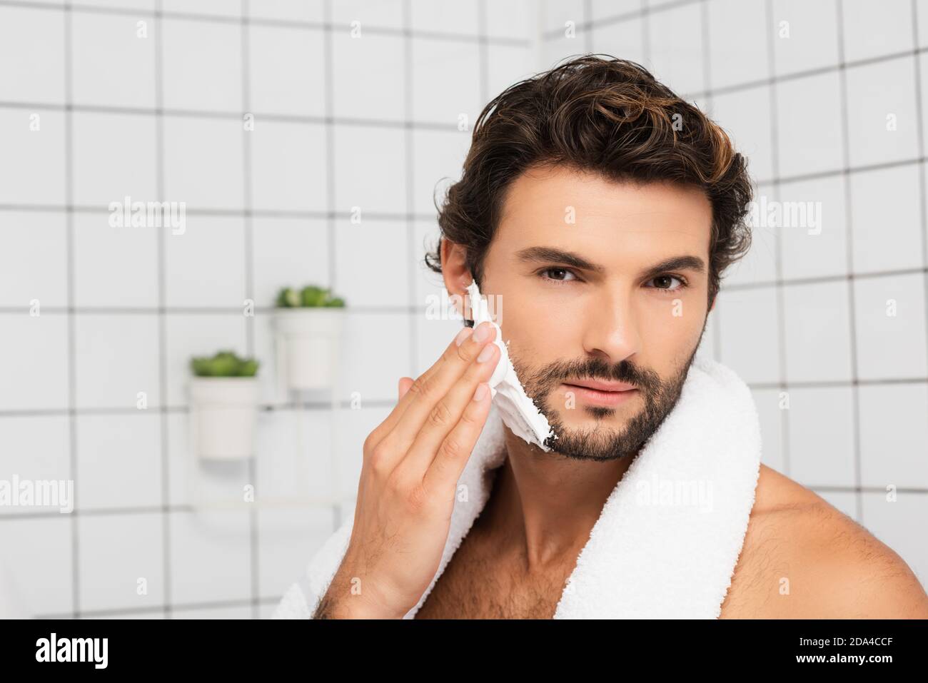 Bearded man with towel applying shaving foam in bathroom Stock Photo - Alamy