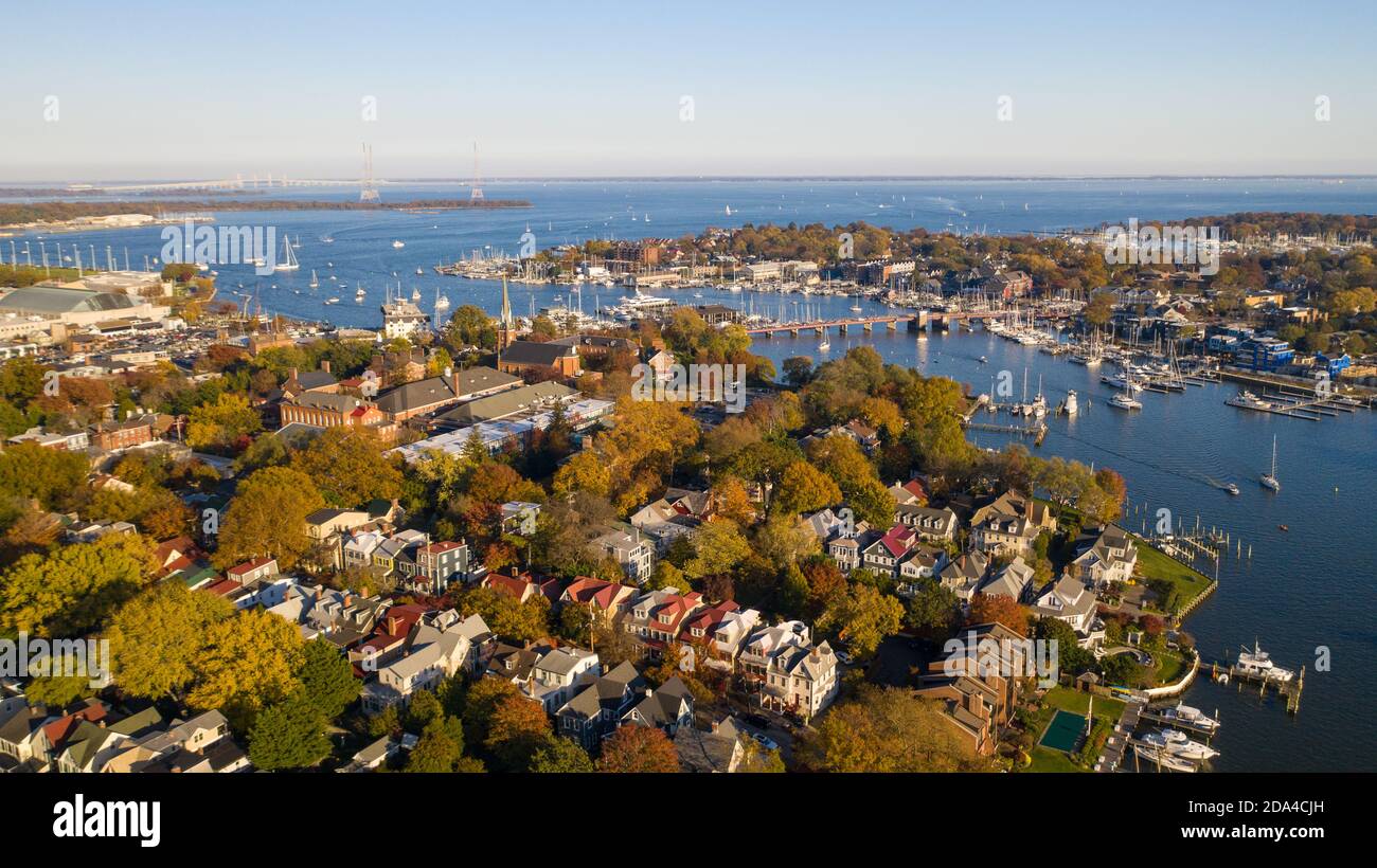 Aerial view of colorful sailboat moorings and docks on Spa Creek, in ...