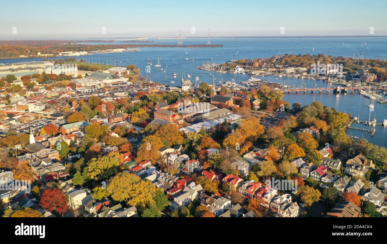 Aerial view of colorful sailboat moorings and docks on Spa Creek, in ...