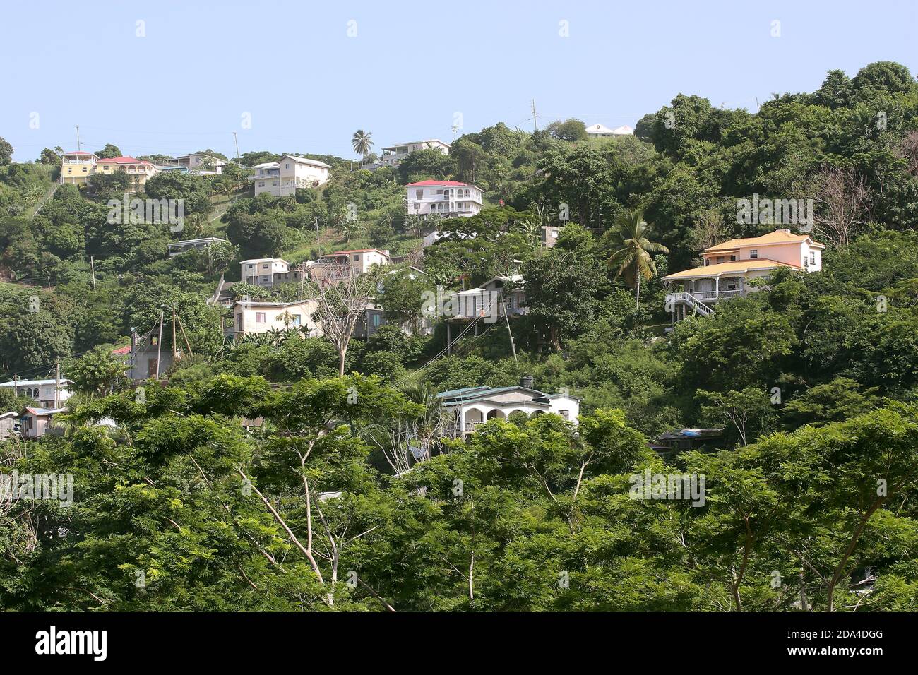 Grenada. Typical houses on hillside at Grand Mal to Mount Moritz Stock ...