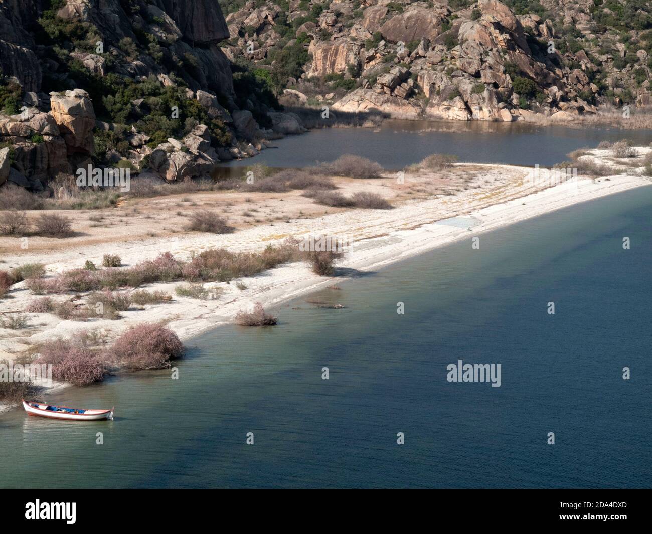 boat moored at sandy beach on Lake Bafa Stock Photo - Alamy