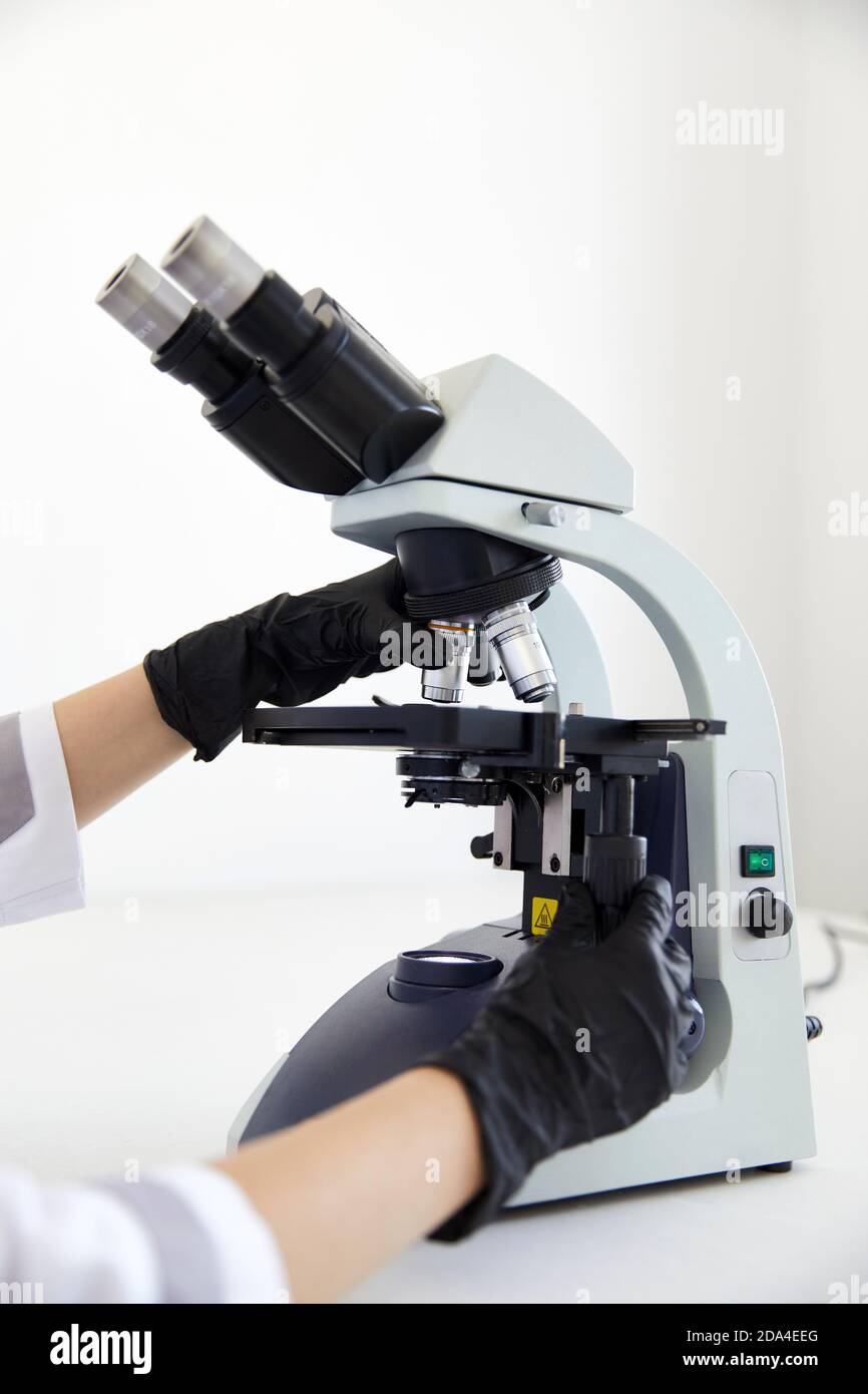 Closeup of microscope and hands wearing rubber gloves in modern laboratory Stock Photo - Alamy