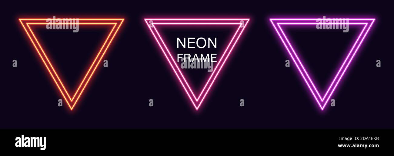 Neon triangle Frame. Set of triangular neon Border with double outline ...