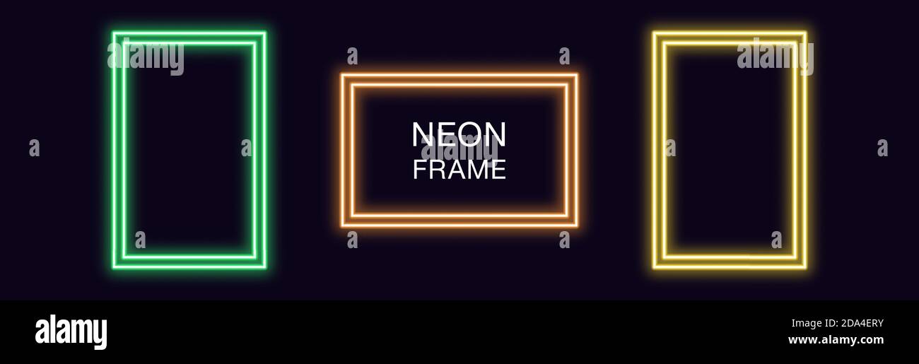 Neon rectangle Frame. Set of rectangular neon Border with double ...