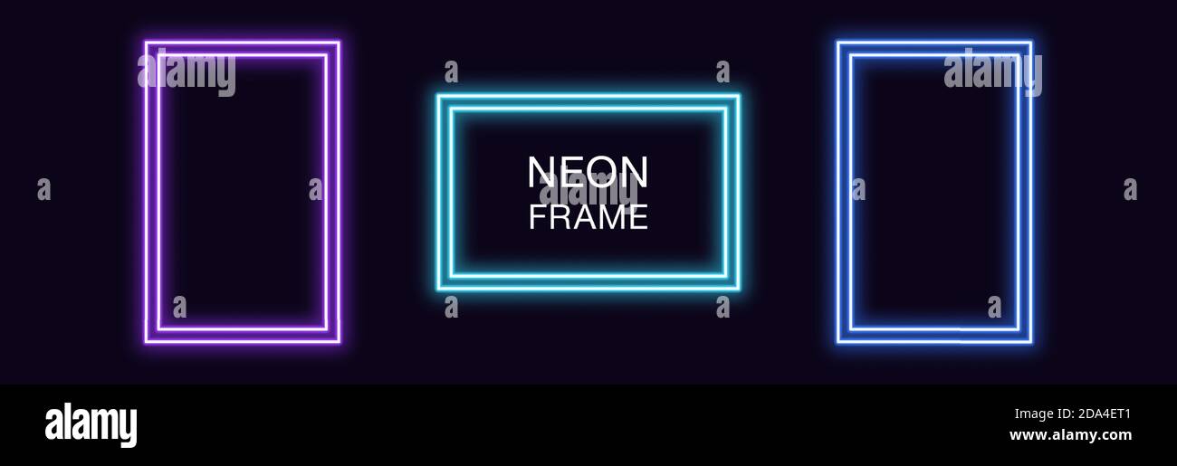 Neon rectangle Frame. Set of rectangular neon Border with double ...